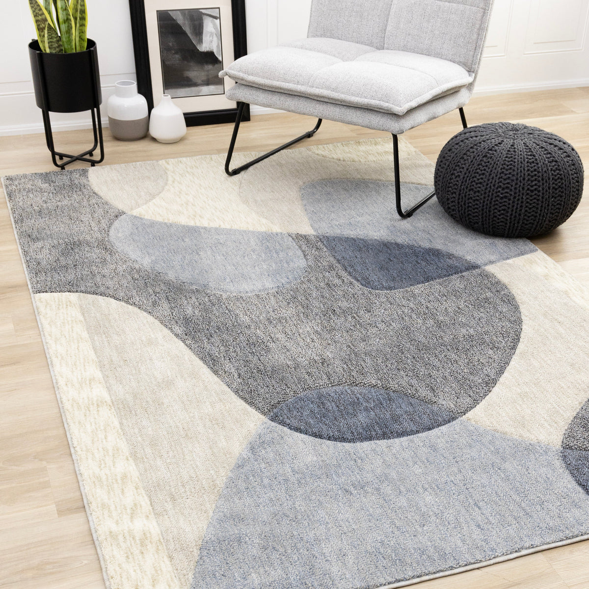 Cora Blue Cream Grey Distressed Curvy Shapes Design Rug – Devos ...