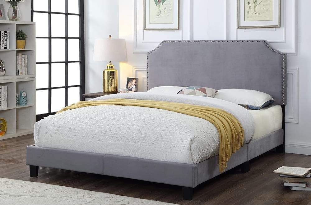 Grey velvet upholstered bed store